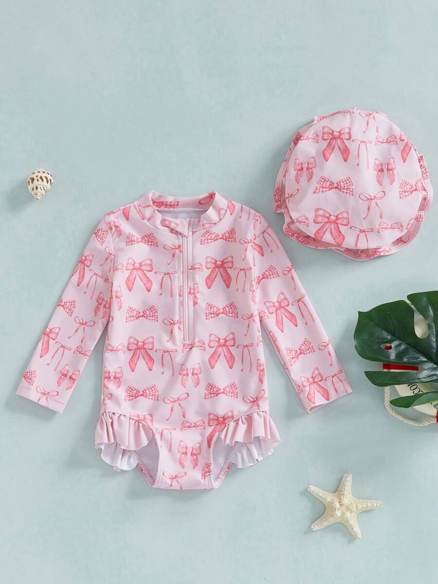 Infant Baby Girls Rash Guard Swimsuit Romper Long Sleeve O Neck Bow Print Bathing Suit Beach ...
