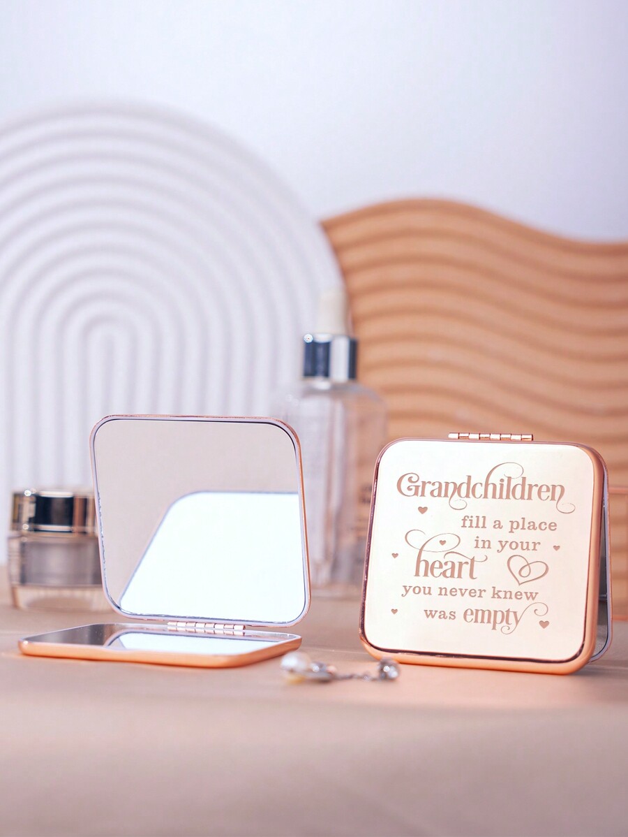 1pc Metal Engraved Slogan Folding Compact Hand Mirror, Lightweight And ...