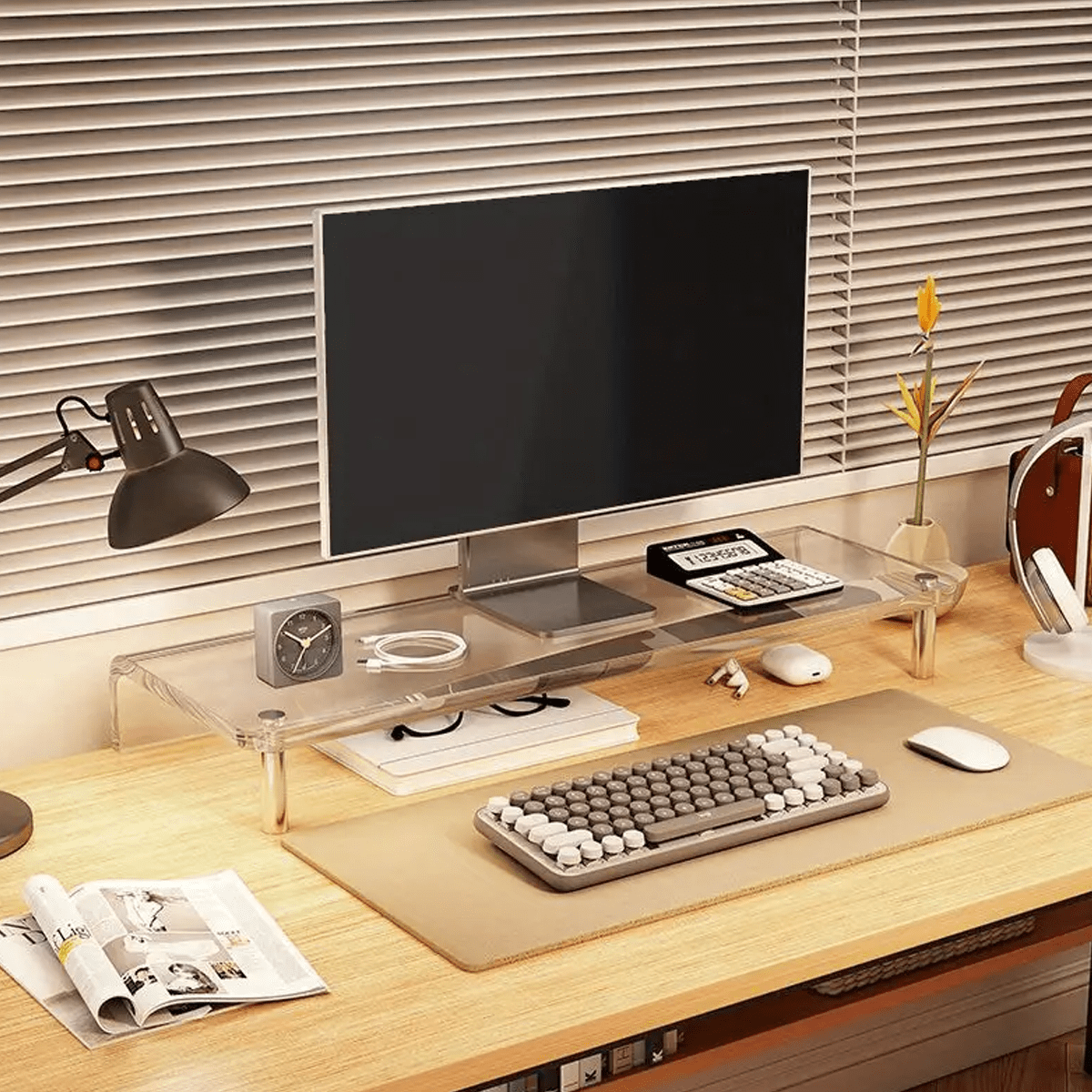 1pc Acrylic Desk Computer Monitor Stand, With Extendable Phone Holder ...