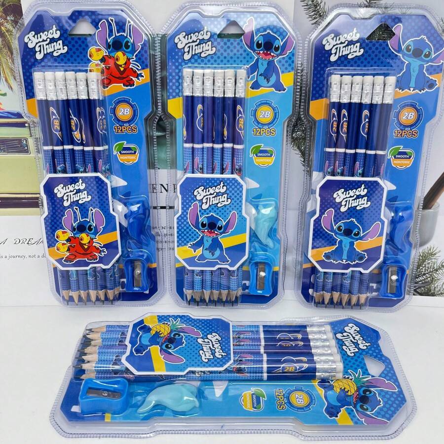 Disney 12pcs Disney Stitch Student Pencil With Eraser + Pencil ...
