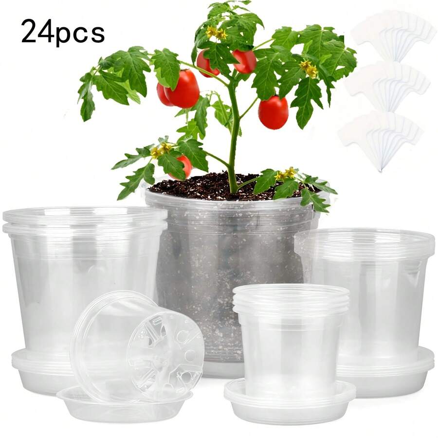 24 Packs 6/5/4/3 Inch Clear Nursery Pots Suit( Pots+Drainage Saucers ...