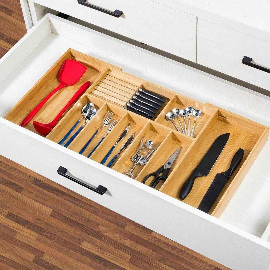 Extra Large Kitchen Utensil Holder, Bamboo Silverware Drawer Organizer ...