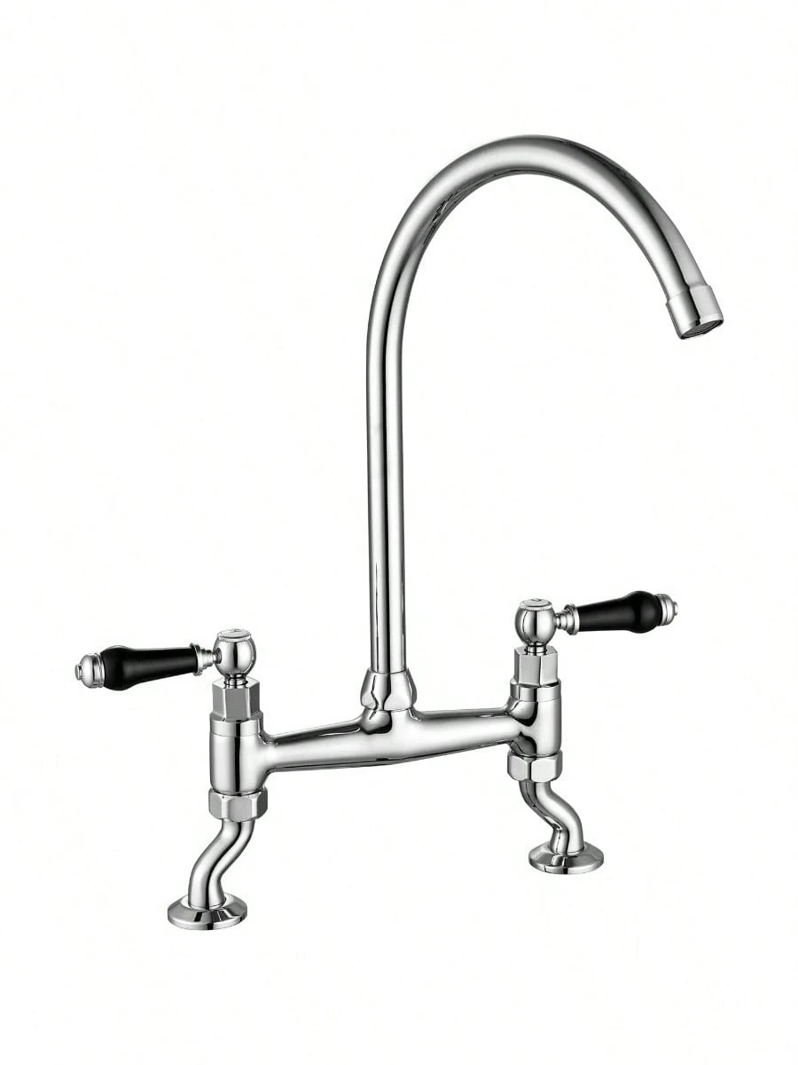 Peppermint Traditional Kitchen Sink Bridge Mixer Tap Dual Black Handles ...