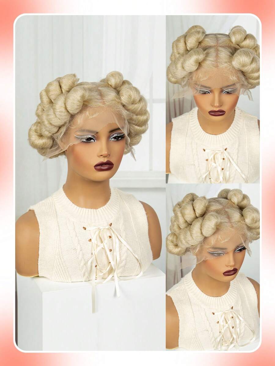 A ANYTIME Transparent Full Lace Braided Wigs Short Cute Handmade Bantu ...