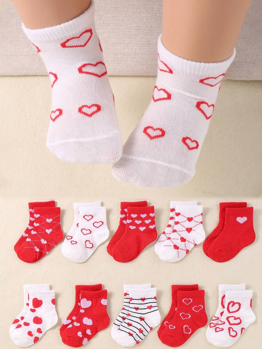 10 Pairs Of Baby Ankle Socks In White And Red With Heart Patterns. They ...