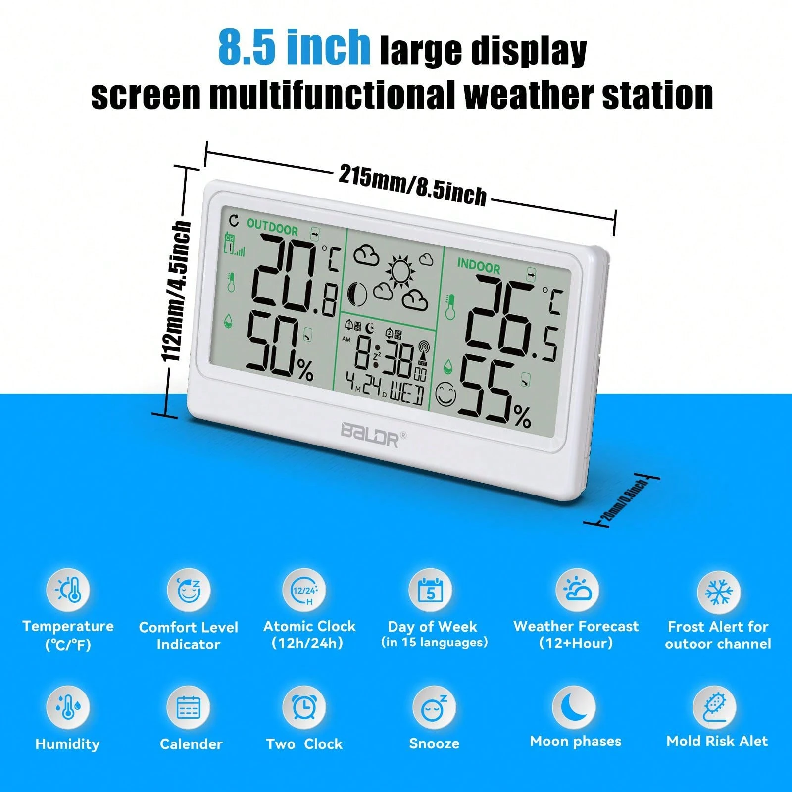 Stazione meteorologica con schermo LCD da 8,5 pollici, orologio sveglia ...