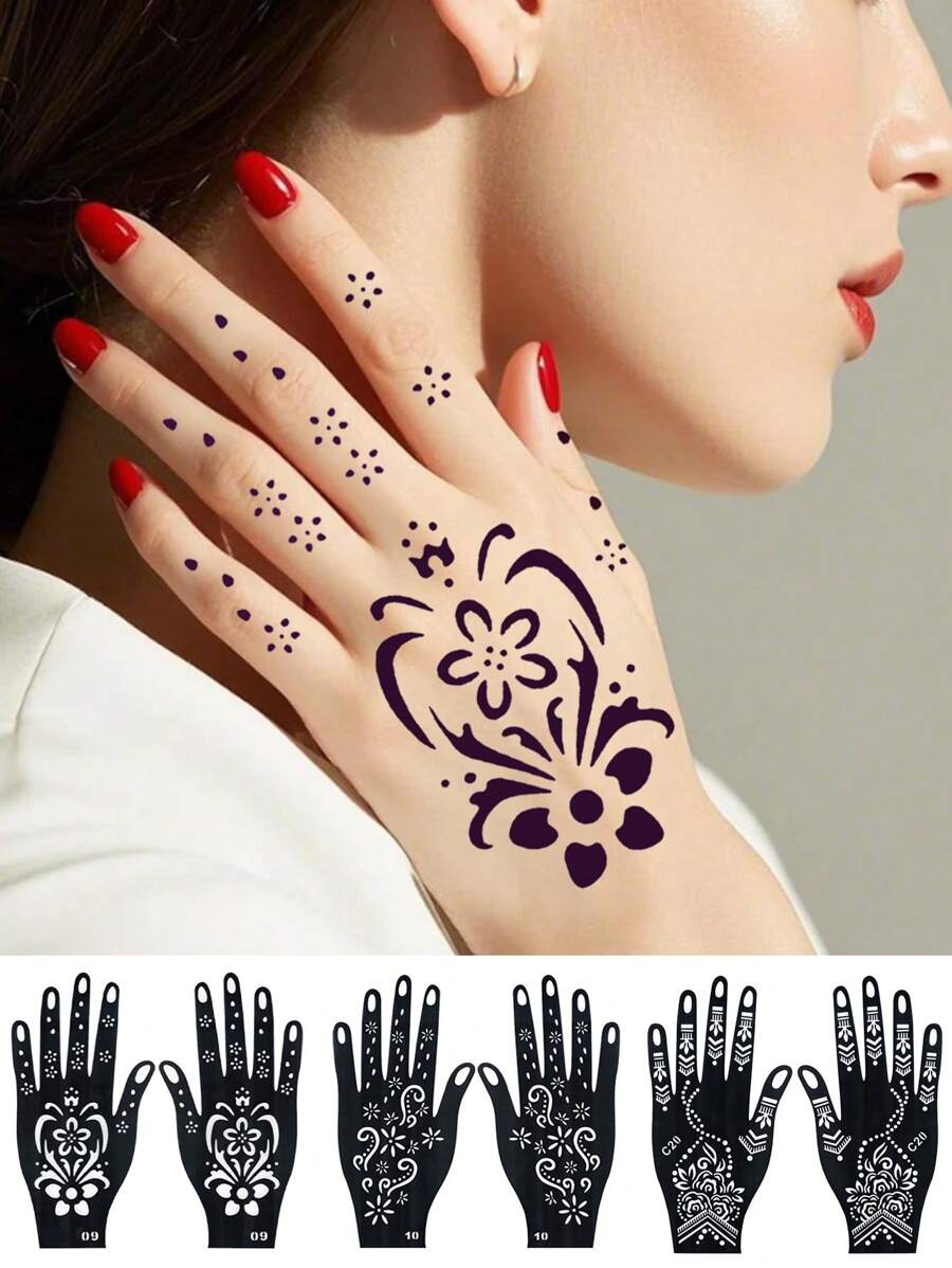 6 Sheets Good Quality Flower Pattern Henna Tattoo Stencil Stickers ...