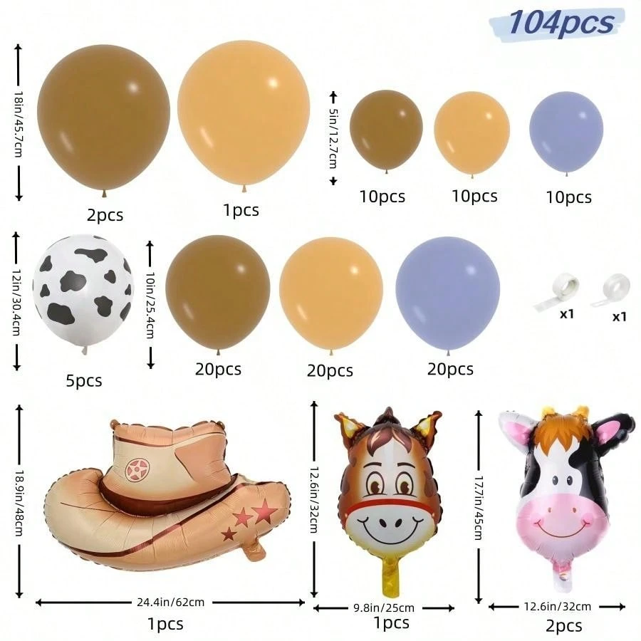 104pcs Cowboy Theme Balloon Set With Cowboy Hat, Cow Head, Horse Head ...