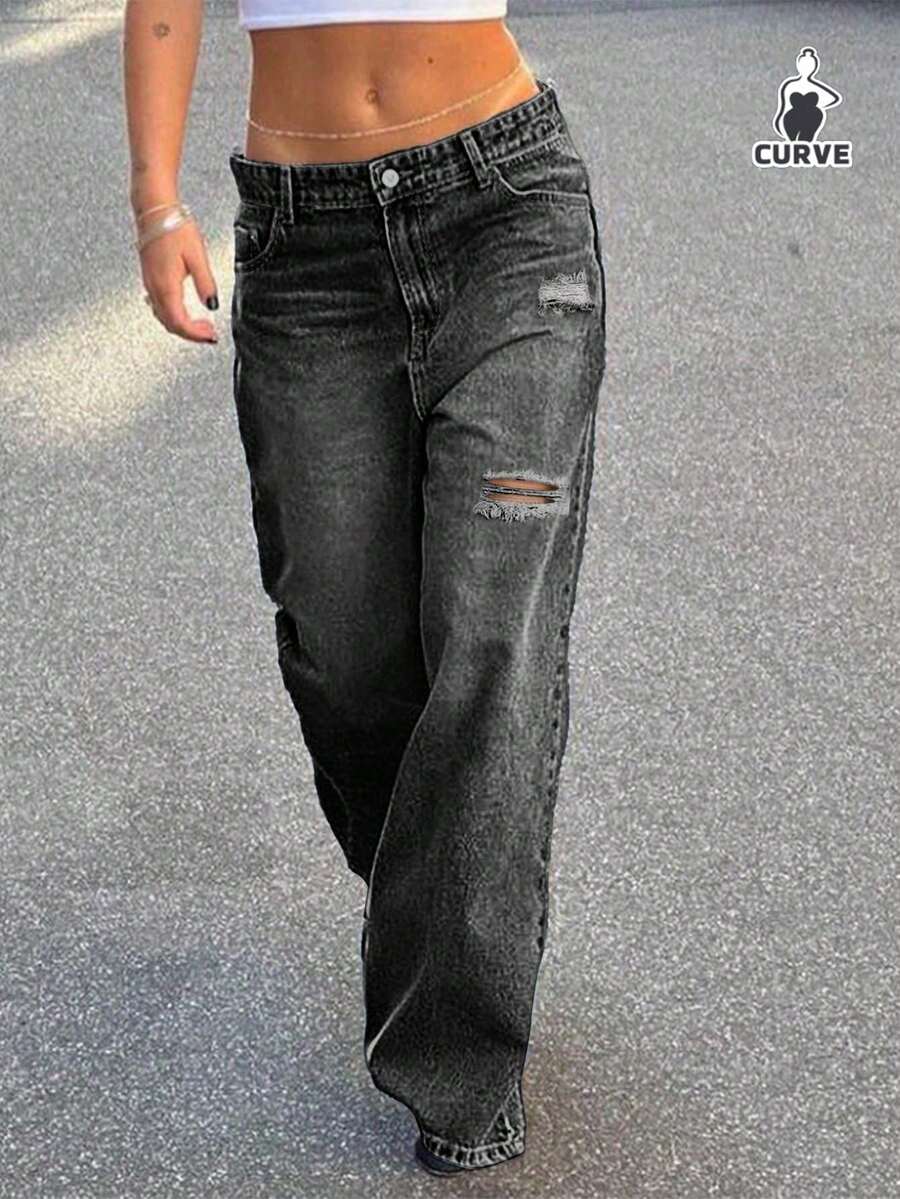 Women's Sexy Low Waist Ripped Baggy Elastic Waist Straight Leg Wide Leg ...