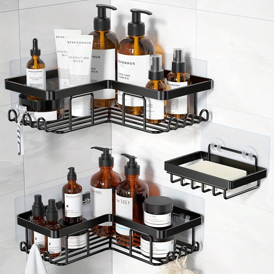 3-Piece Stainless Steel Corner Shower Rack Set, Wall-Mounted Embedded ...