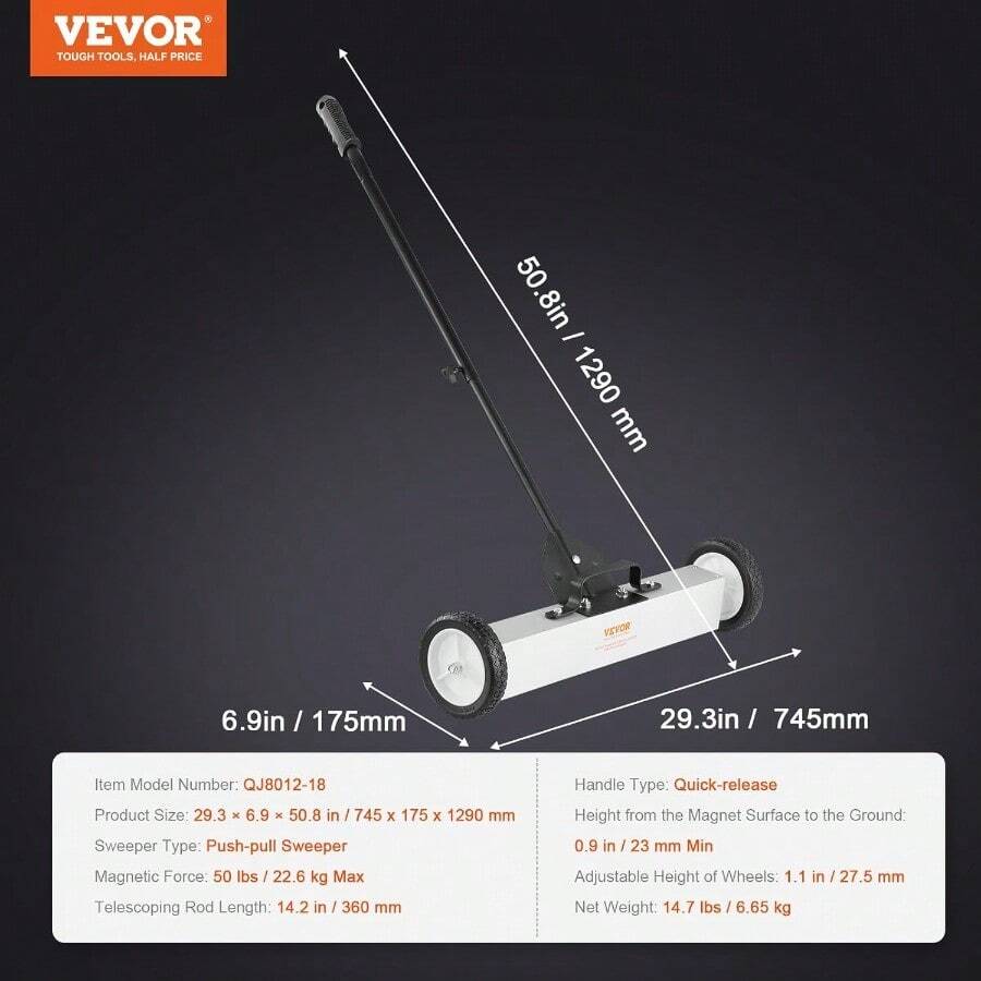 VEVOR 50Lbs Rolling Magnetic Sweeper With Wheels Push-Type Magnetic ...