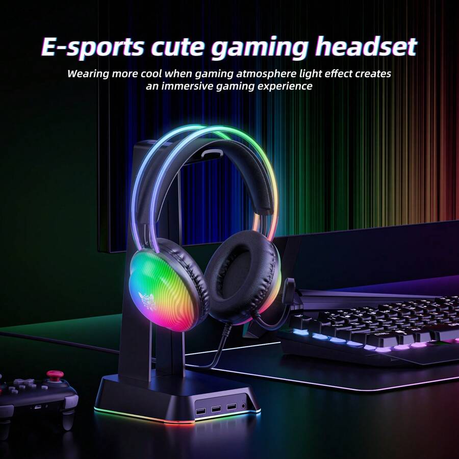 אוזניות משחק שחורות של Onikuma אוזניות חדשות Full Dynamic Light Rgb