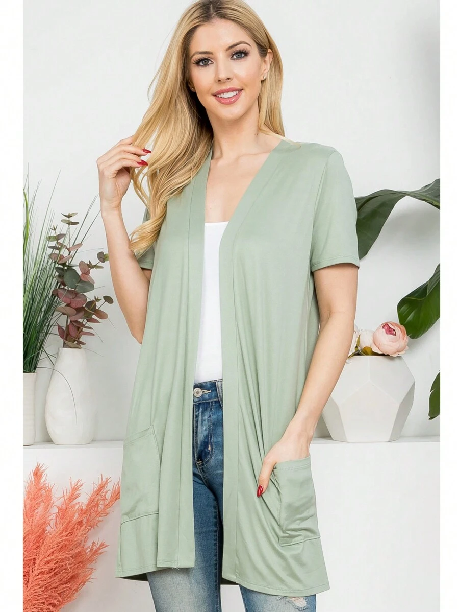 Short Sleeve Open Front Solid Cardigan | SHEIN USA