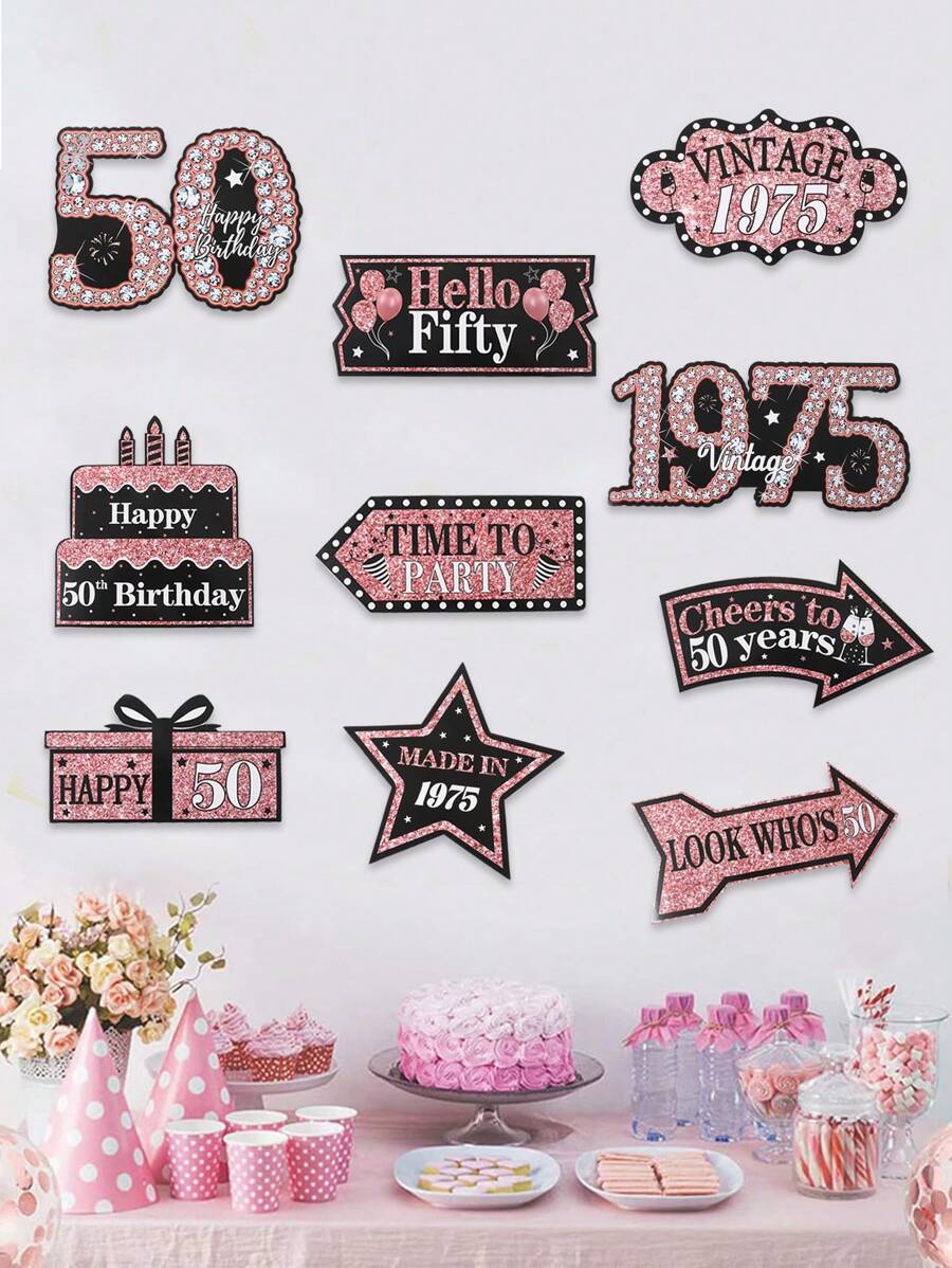 10pcs Rose Gold 50th Birthday Party Paper Signs, Retro 50th Birthday ...