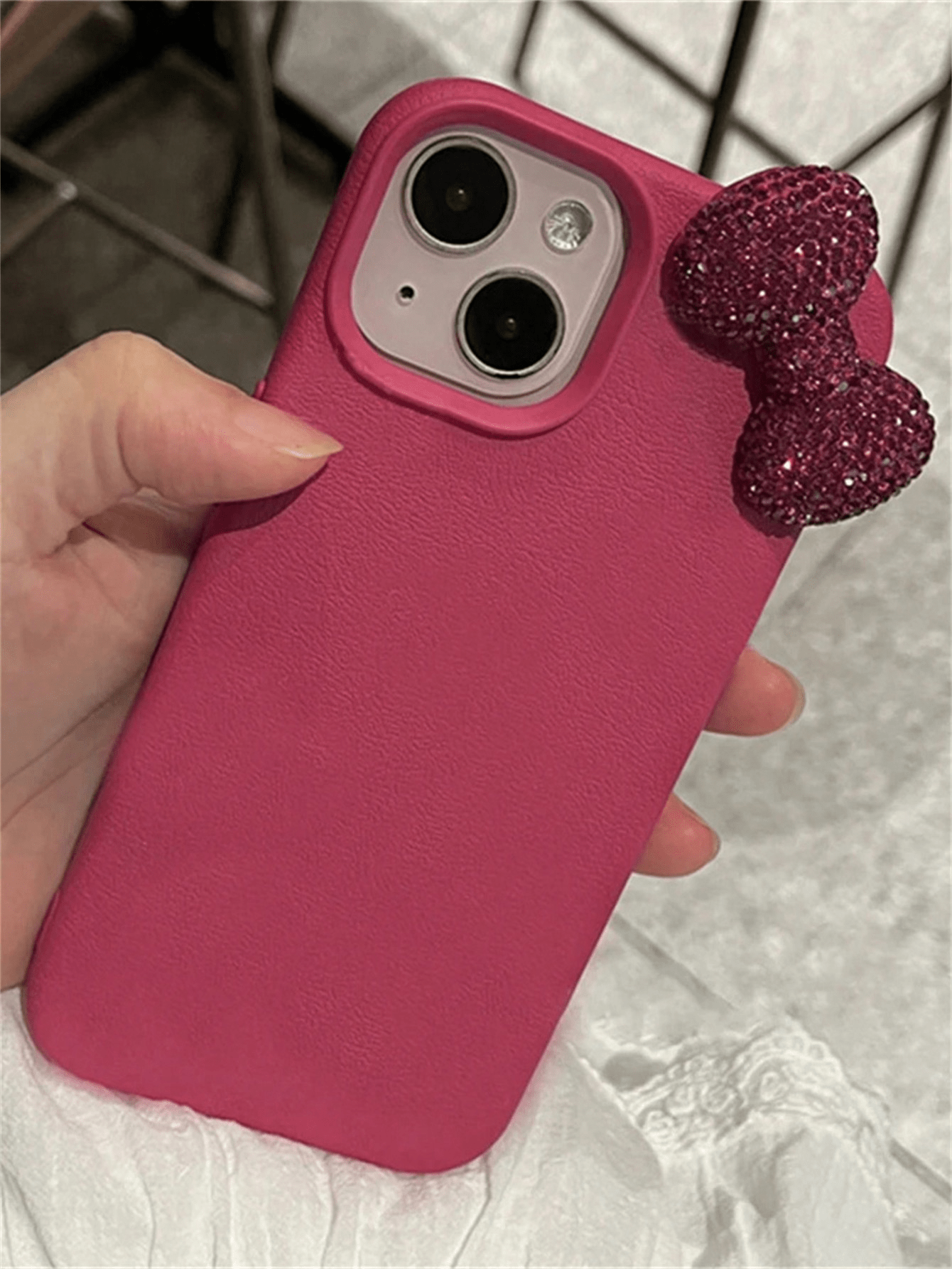 Pink Cartoon Cute 3D Rhinestone Bow Creative Fashion Lychee Pattern Phone Case Compatible ...