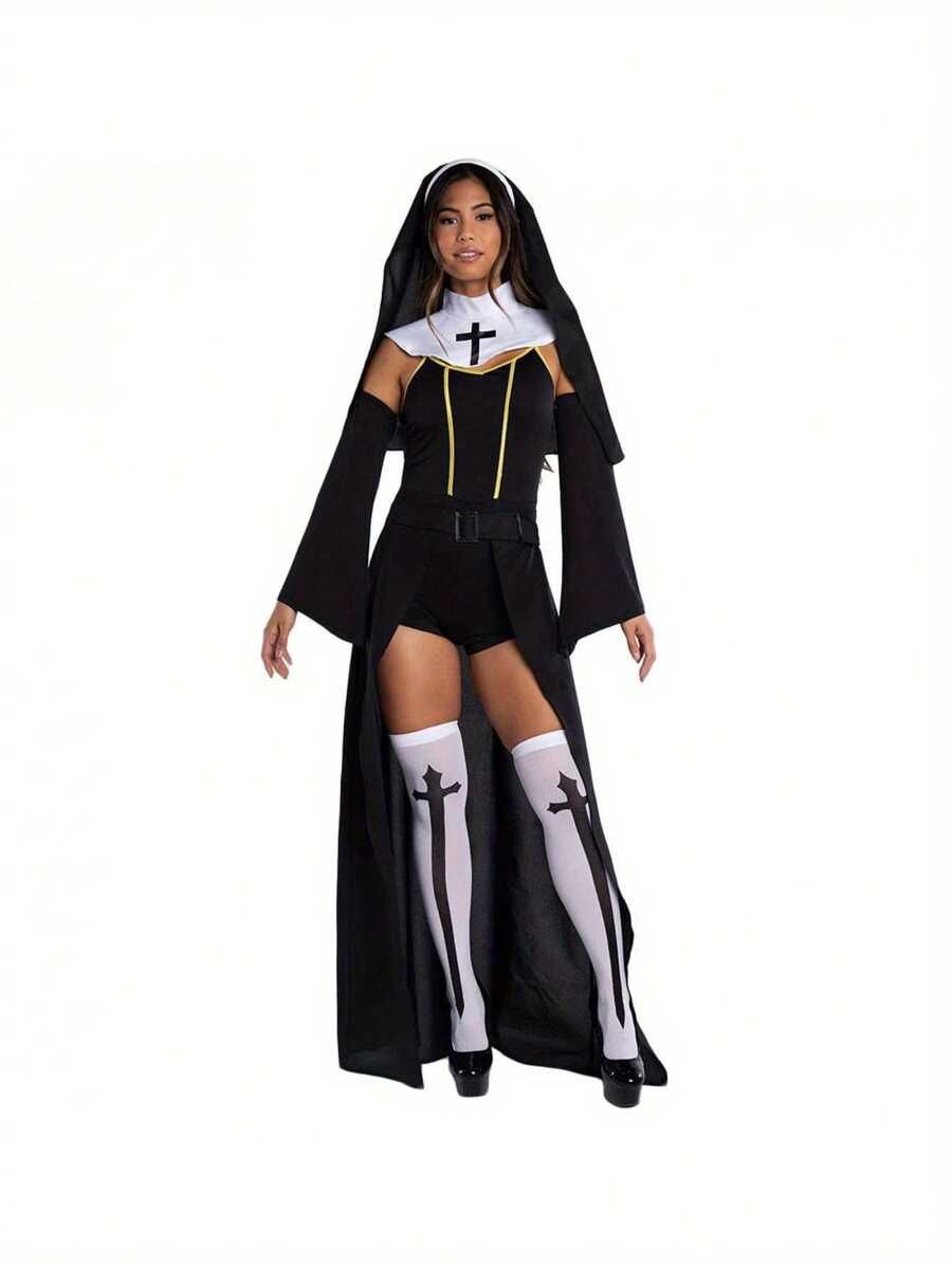 Halloween Mother Superior Costume Adult Nun Costume Cosplay Black Pries ...