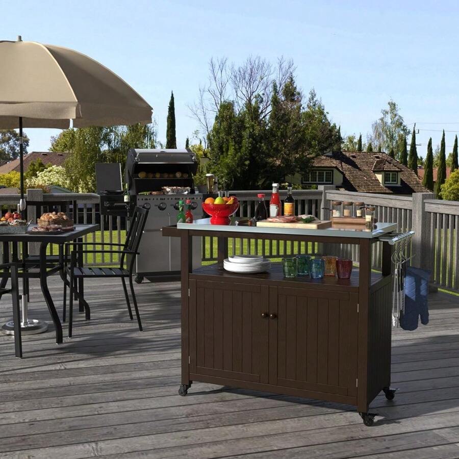 Outdoor Storage Cabinet Solid Wood Prep Grill Table With Stainless ...