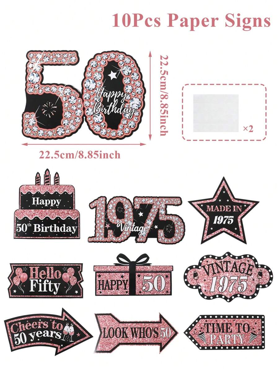 10pcs Rose Gold 50th Birthday Party Paper Signs, Retro 50th Birthday ...