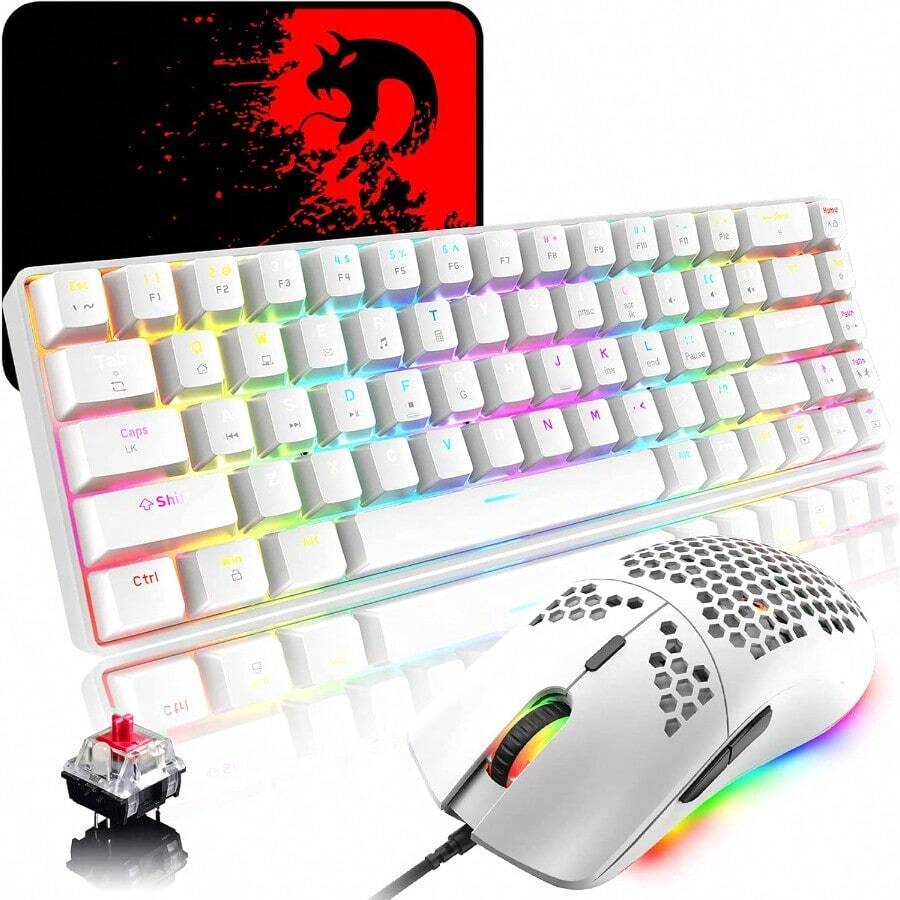 RGB Keyboard And Mouse Gaming White 68 Keys Red Switch 60% Mini Coma ...