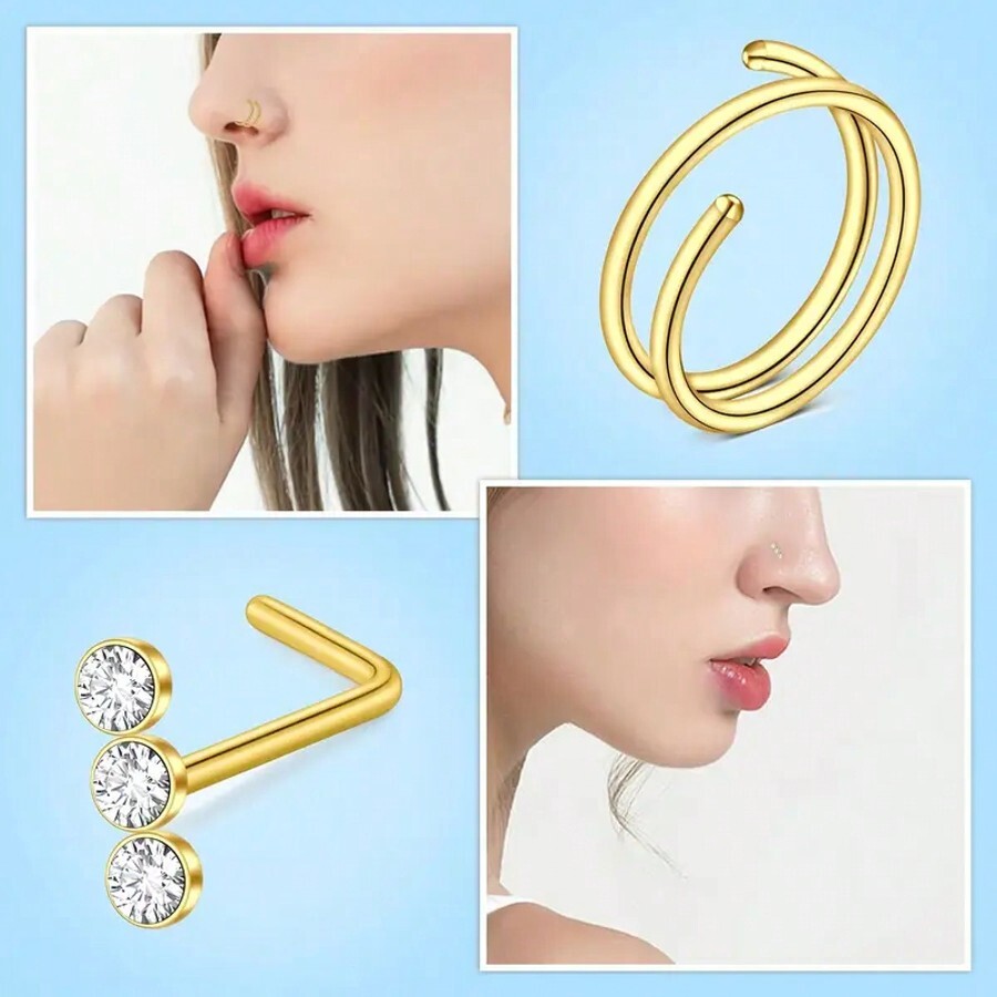 22pcs/Set Women's Fashion Simple Zirconia Nose Studs, Stainless Steel Bend Nael Zirconia Diamond ...