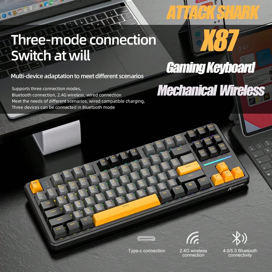 ATTACK SHARK Teclado mecánico inalámbrico Shark Attack X87, programable con macros, teclas PBT ...