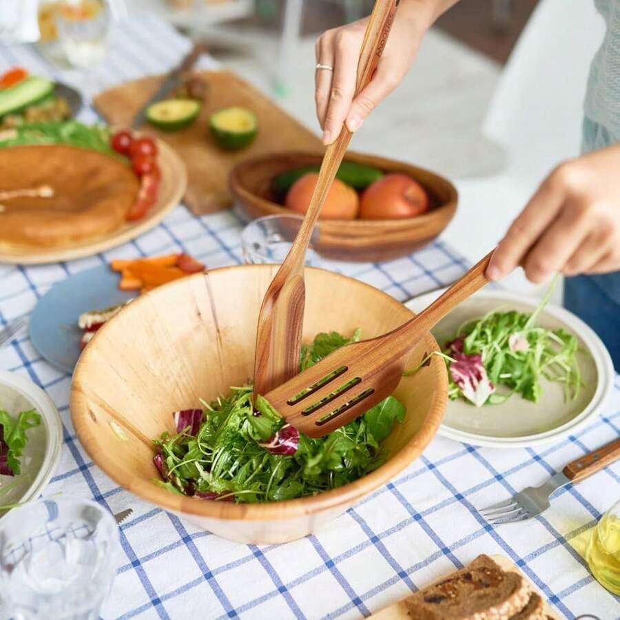 9 Piece Natural Teak Wooden Kitchen Utensil Set With Spoon Rest ...