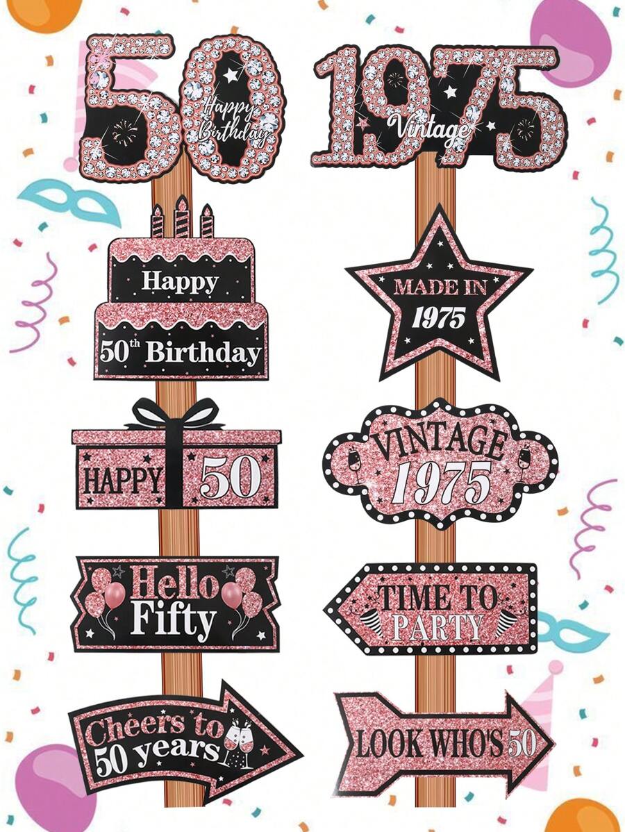 10pcs Rose Gold 50th Birthday Party Paper Signs, Retro 50th Birthday ...