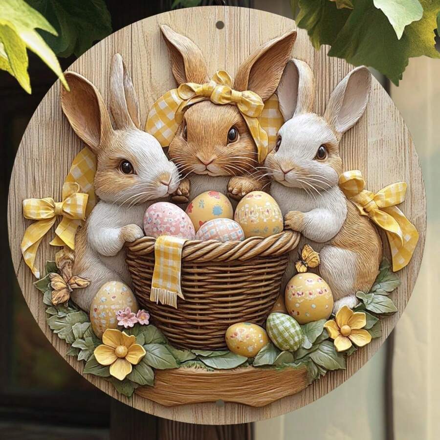 1pc Metal Easter Rabbit & Egg Wall Art - 2D Round Metal Sign For Home ...