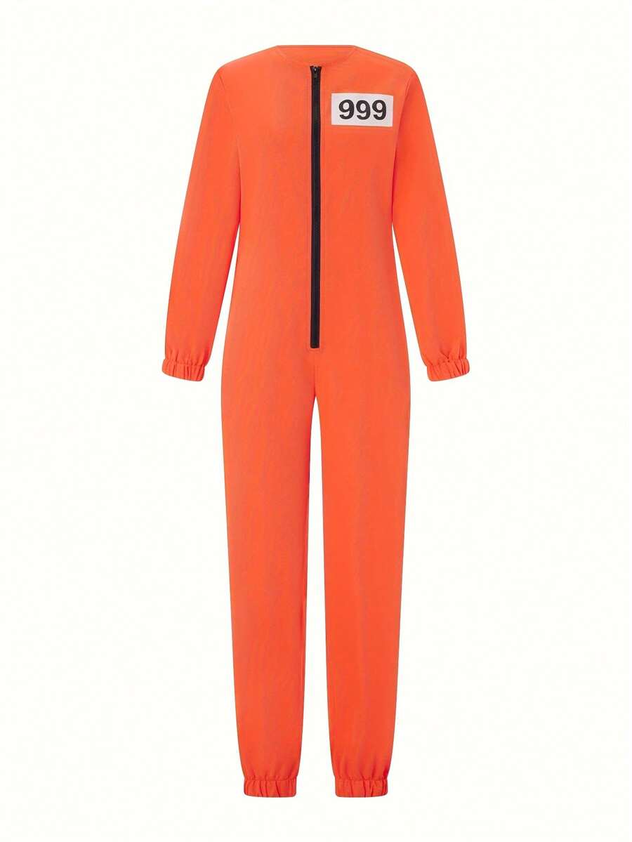 Women Prisoner Costume Halloween Long Sleeve Front Zip Up Inmate ...