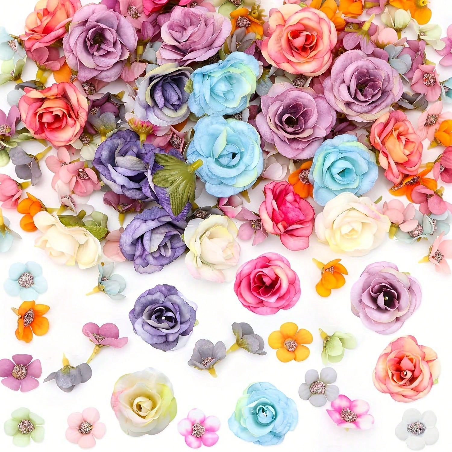 220pcs Mini Flower Heads, Stemmed Artificial Roses, Multicolor Daisy ...