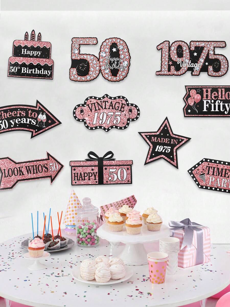 10pcs Rose Gold 50th Birthday Party Paper Signs, Retro 50th Birthday ...