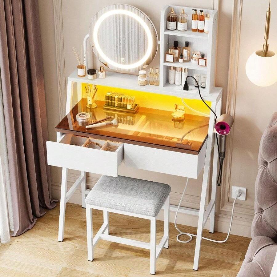 Vanity Desk With Mirror Lights Storage Shelf Drawers 3 Color Modes ...
