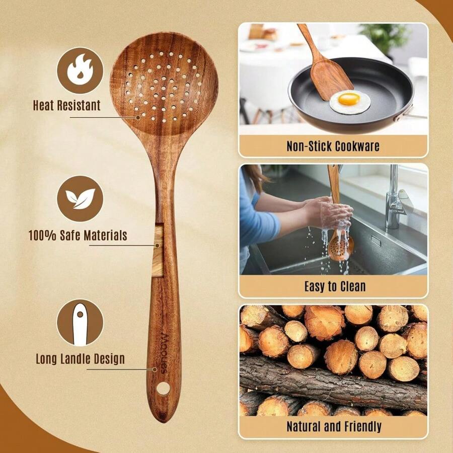 9 Piece Natural Teak Wooden Kitchen Utensil Set With Spoon Rest ...