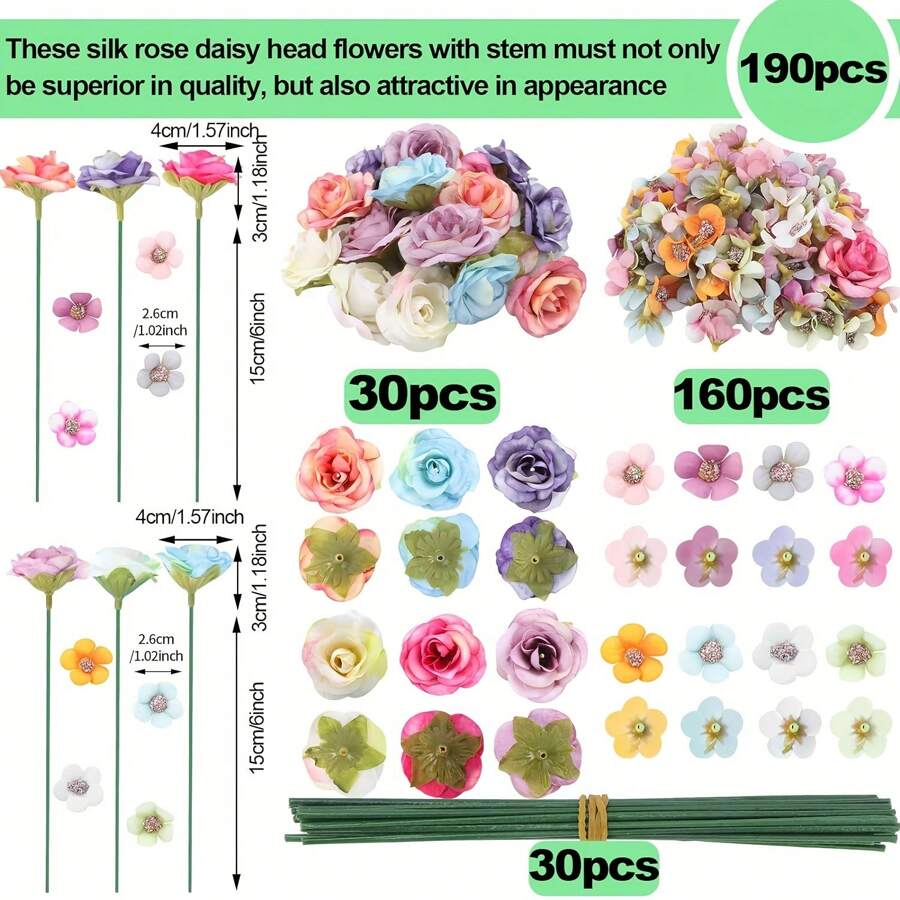 220pcs Mini Flower Heads, Stemmed Artificial Roses, Multicolor Daisy ...
