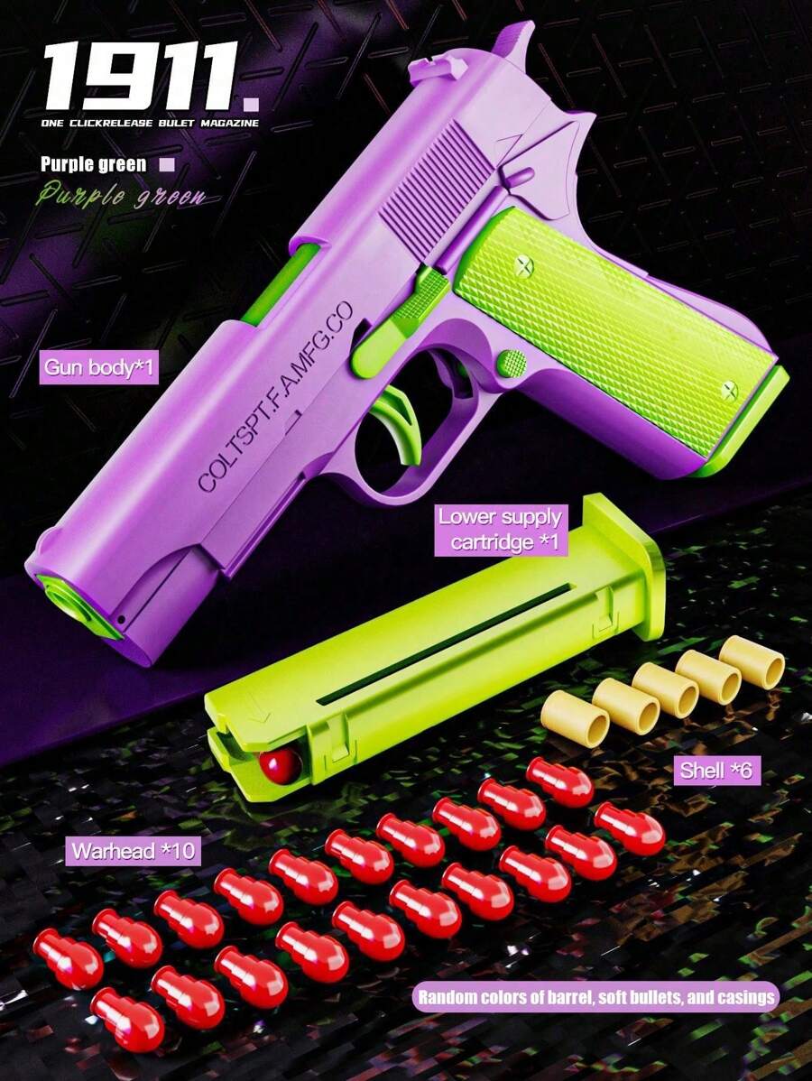 1911, Soft Bullet Gun, Purple Green, Recoil Capable, Shooting Pistol ...