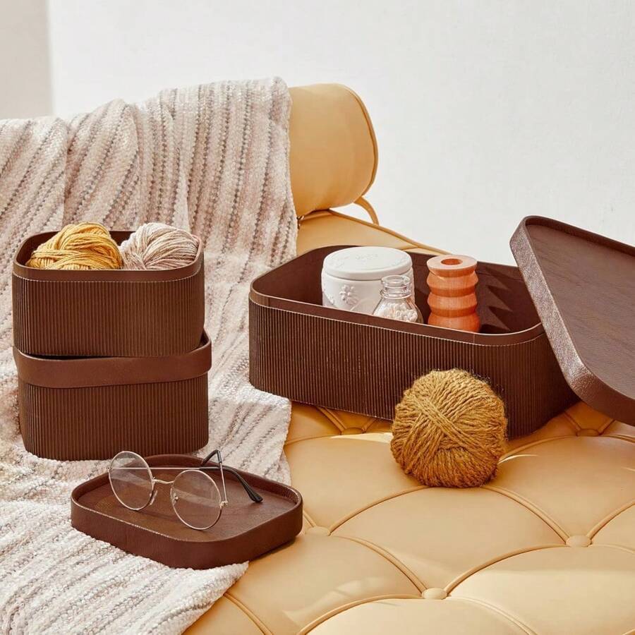 Fluted Cardboard Storage Baskets With Leather-Like Lids, Sturdy ...
