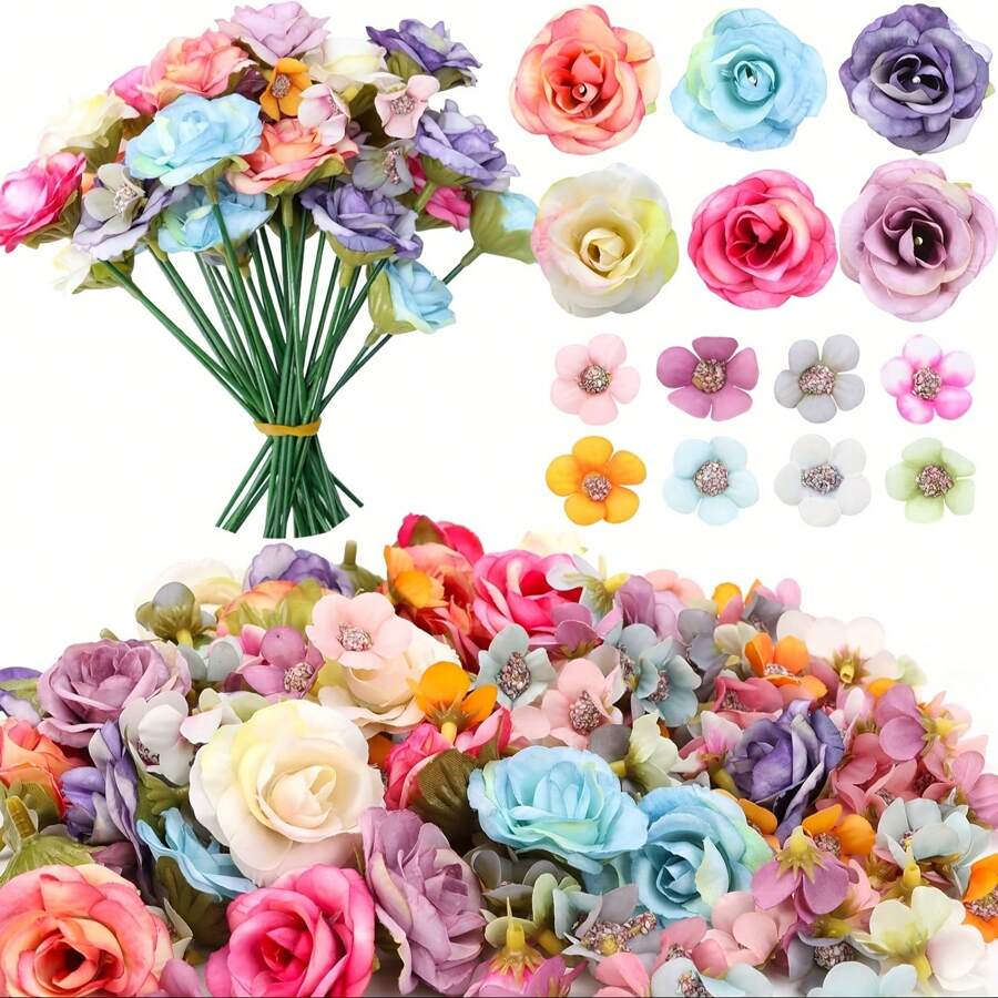 220pcs Mini Flower Heads, Stemmed Artificial Roses, Multicolor Daisy ...