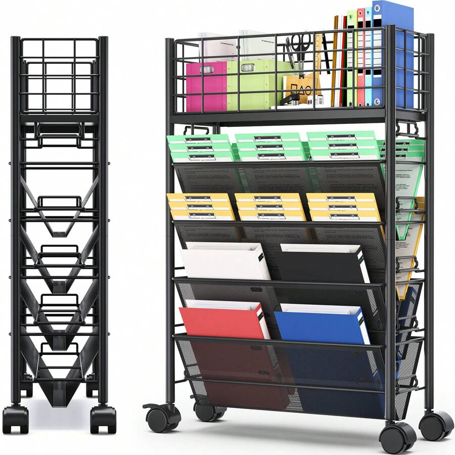TOOLF TOOLF Metal Rolling Bookshelf Cart, 5 Tier Mobile Book Shelf With ...