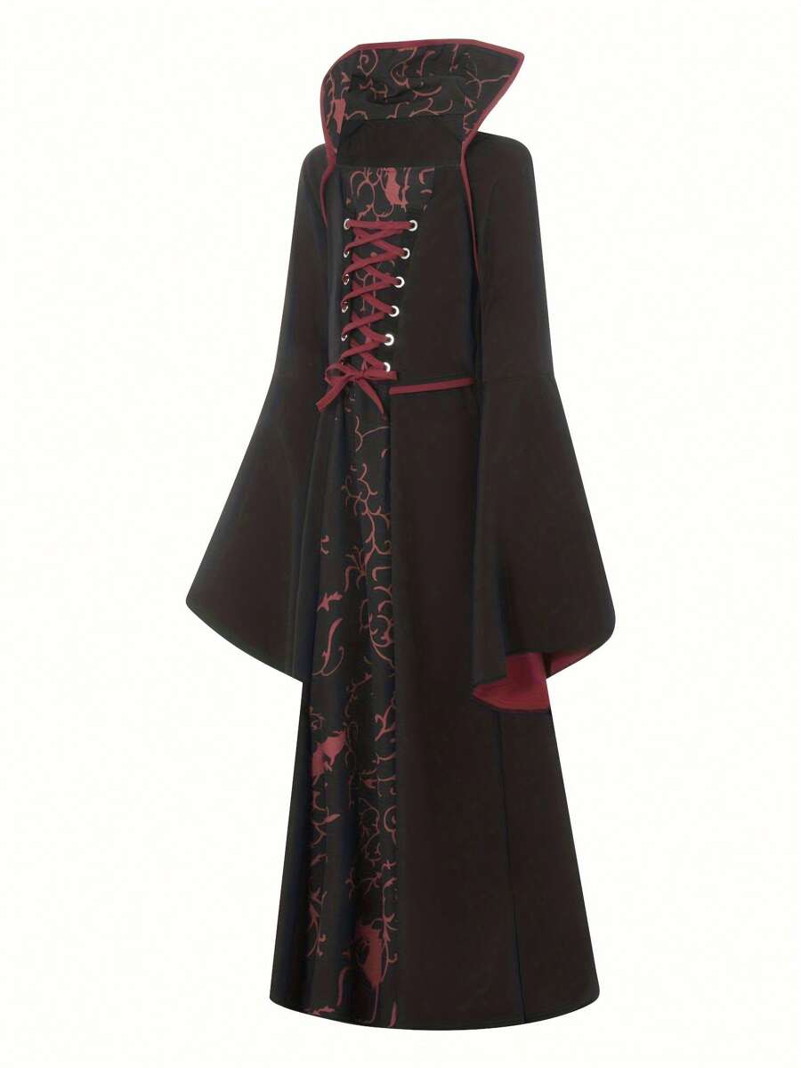 Cosplay Dress, Medieval Flare Sleeve Stand Collar Tie-Up Patchwork ...