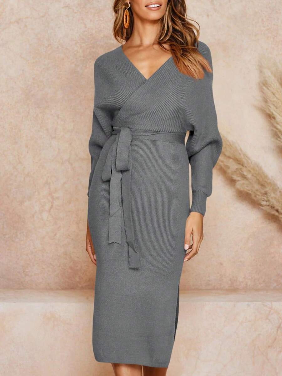 Women's Sexy Wrap Batwing V Neck Slit Open Back Maxi Sweater Dress With ...