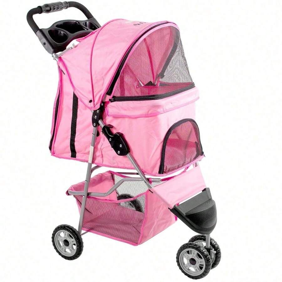 Pink 3 Wheel Pet Stroller For Cat, Dog And More, Foldable Carrier ...