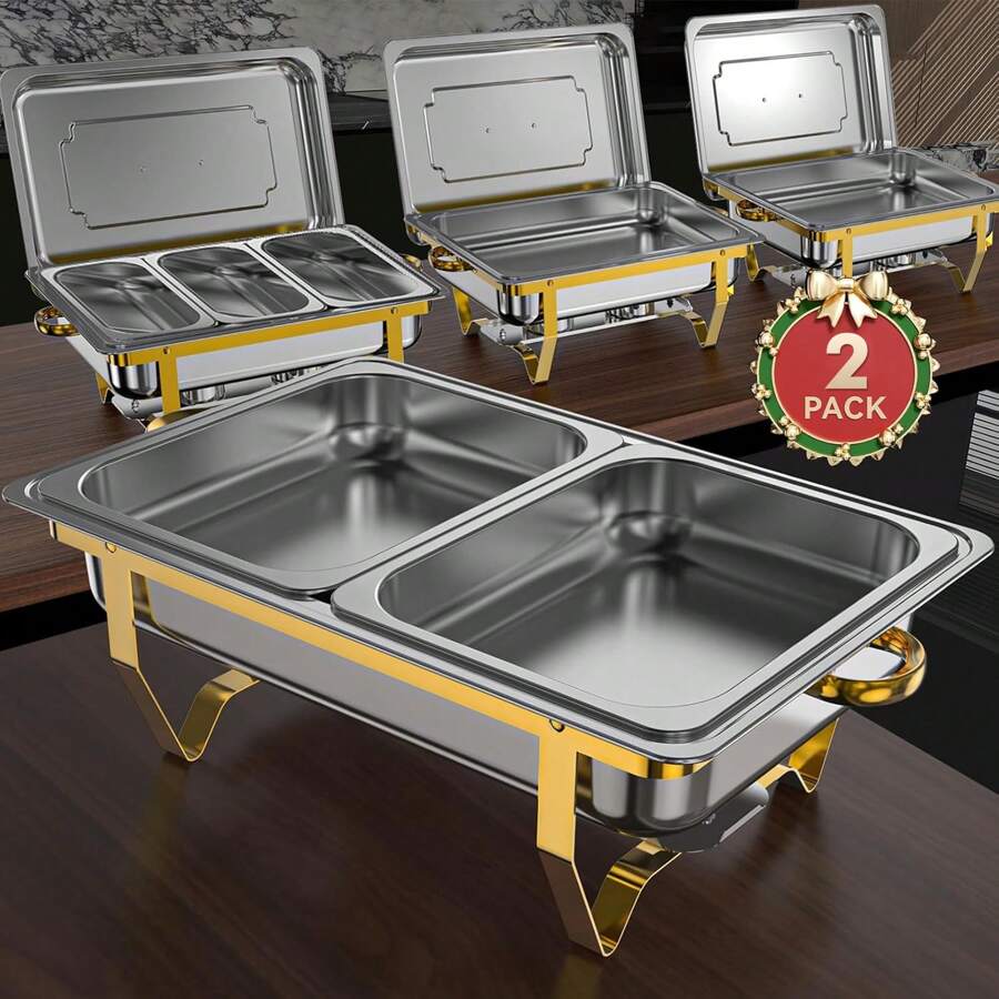 Chafing Dishes For Buffet 2 Pack, 8QT [Elegant & Sturdy] Chafing Dish Buffet Set, Stainless ...