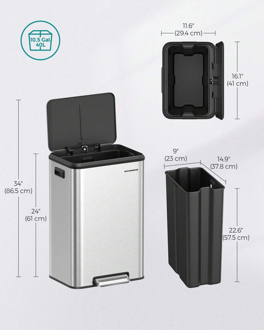 SONGMICS SONGMICS Kitchen Trash Can, 10.5-Gallon (40L) Garbage Can With ...