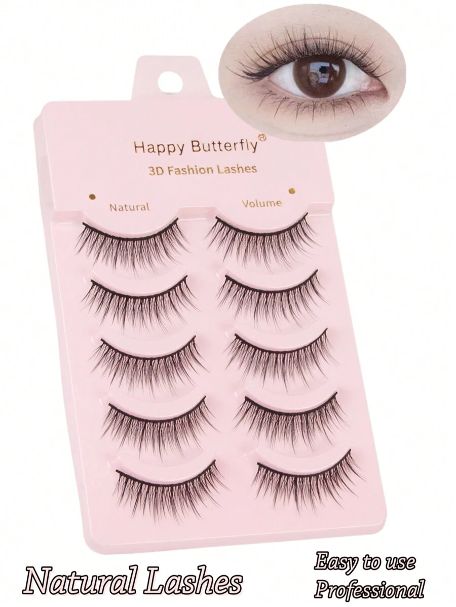 Happy Butterfly 5 Pairs 3D Natural False Eyelash Slim Soft Band Skin ...