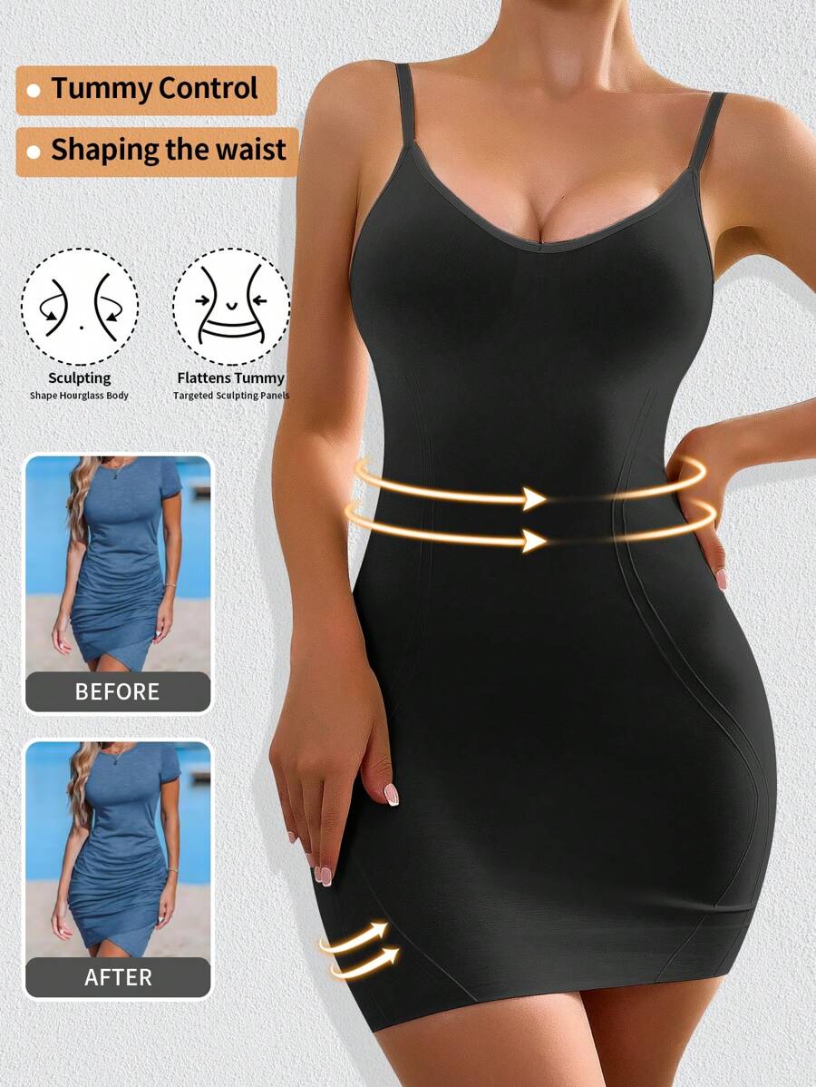 1pc Women's Seamless Waist & Abdomen Control Slip Dress With Padded Bra ...