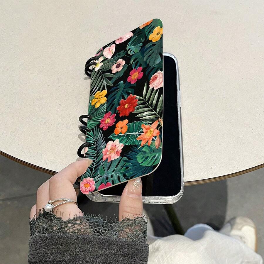 1pc Book Style Phone Case, Floral & Green Plant Theme, Black Edge ...