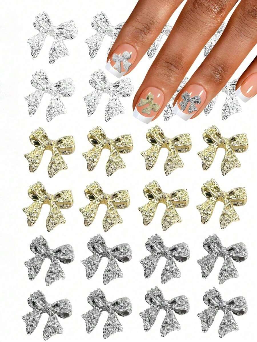 50Pcs Bow Nail Art Charms 3D Alloy Bow Nail Charms Silver Gold Bow Nail ...