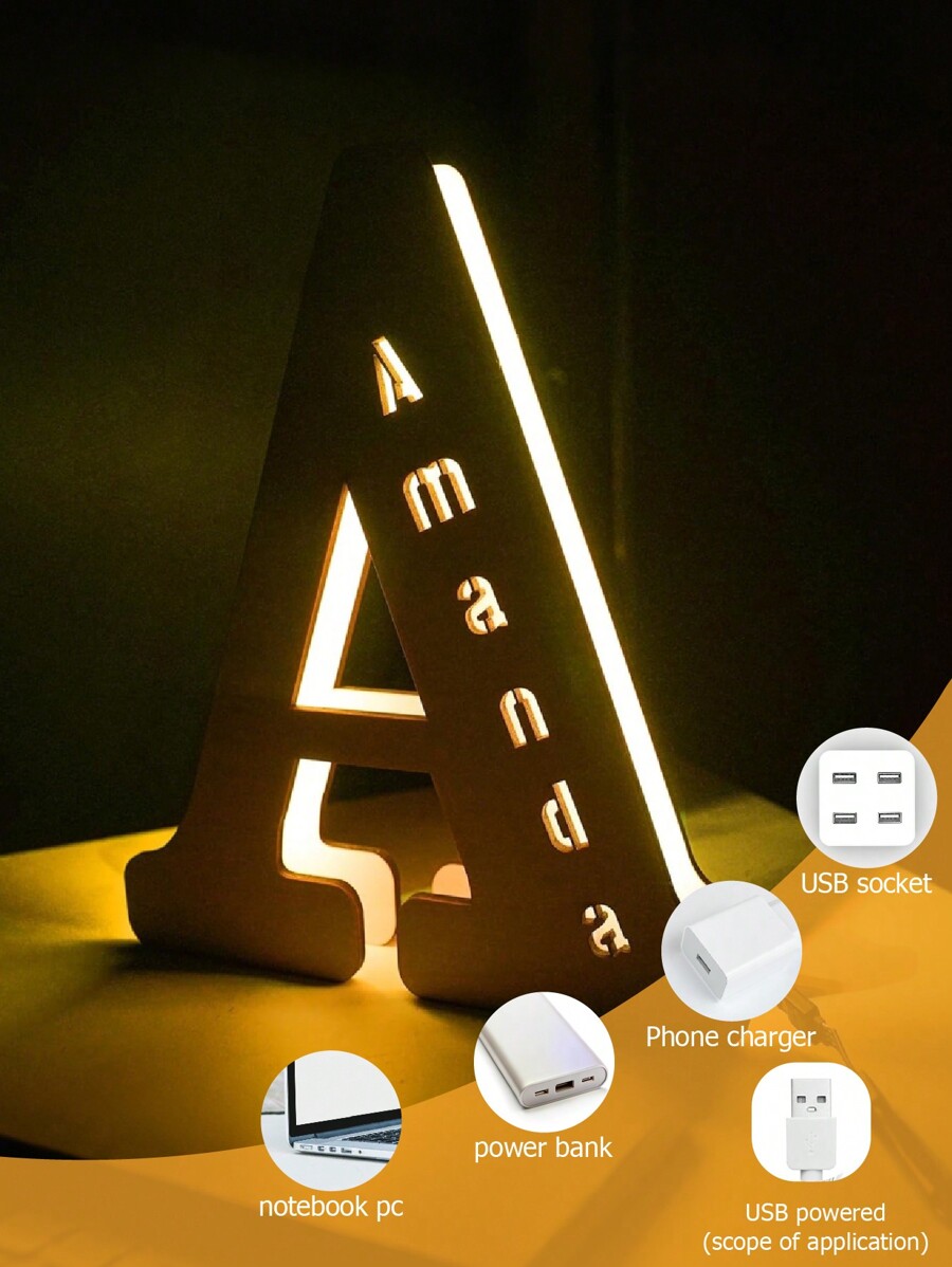 1pc Custom Wooden LED Night Light, Personalized Engraved Name Letter ...