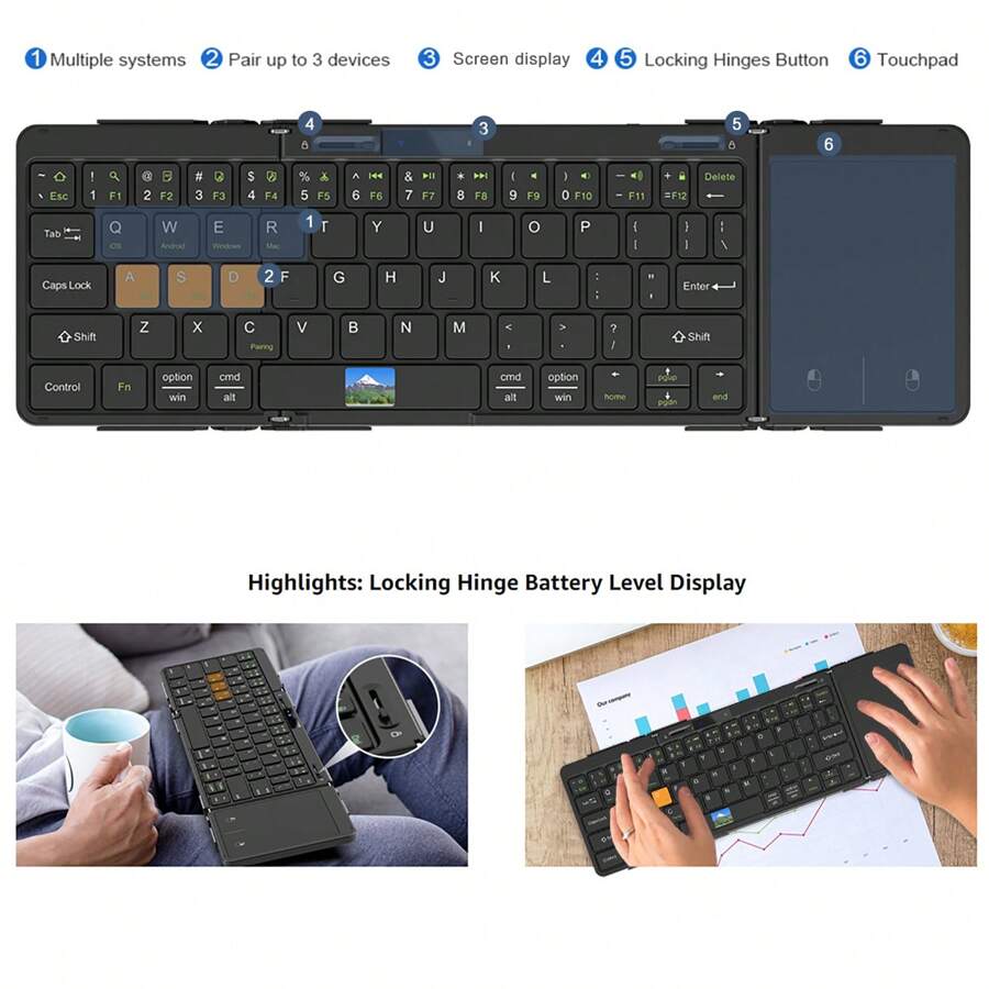 Clavier pliable sans fil avec pavé tactile et écran d'affichage ...