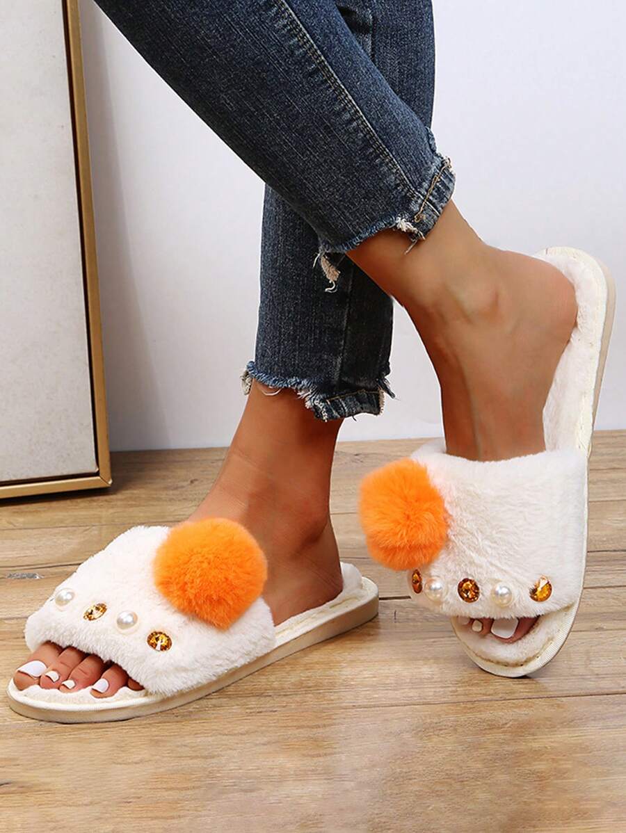 Women's Rhinestone Pom-Pom Slippers, Soft & Comfortable Indoor Anti ...